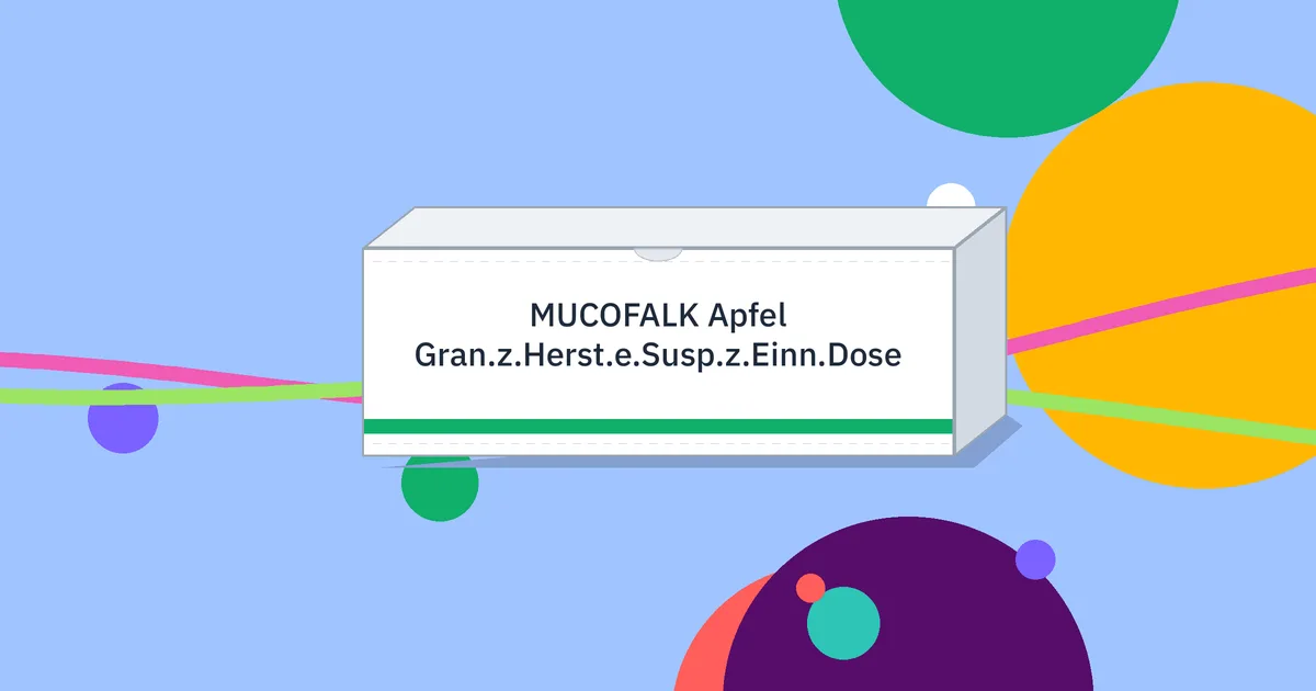 Symbolbild: Packung mit der Aufschrift MUCOFALK Apfel Gran.z.Herst.e.Susp.z.Einn.Dose (PZN 04891823) – Verfügbarkeit und Bezug in Apotheken in Frankfurt am Main