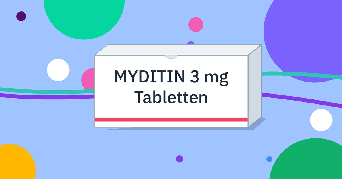 Symbolbild: Packung mit der Aufschrift MYDITIN 3 mg Tabletten (PZN 15198232) – Verfügbarkeit und Bezug in Apotheken in Frankfurt am Main