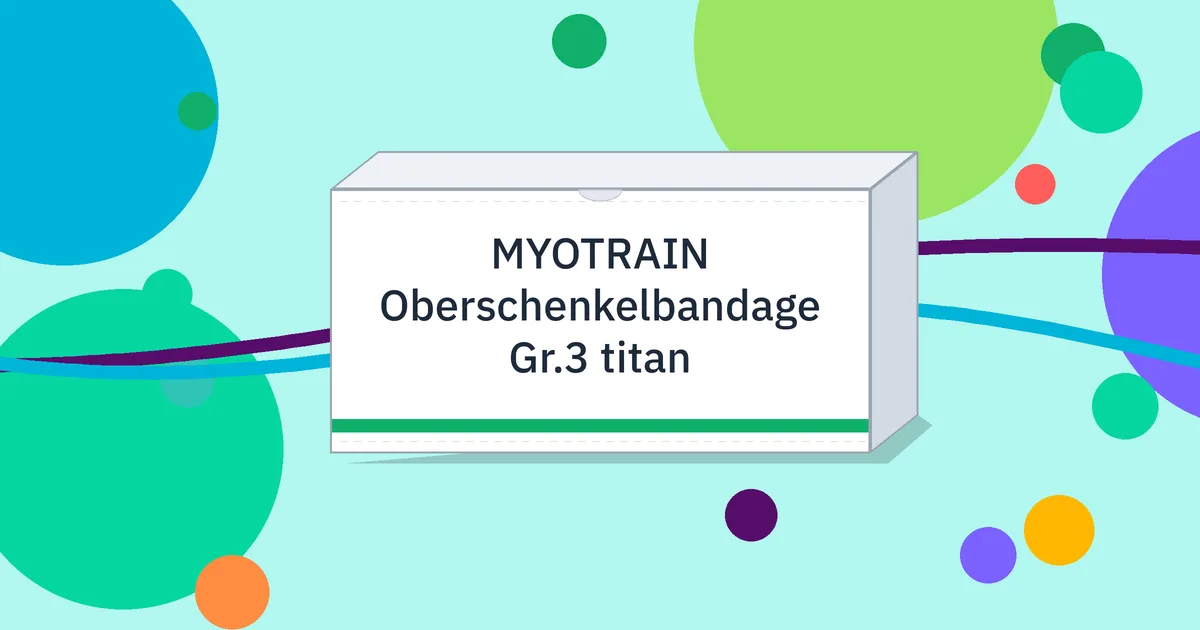 Symbolbild: Packung mit der Aufschrift MYOTRAIN Oberschenkelbandage Gr.3 titan (PZN 03728647) – Verfügbarkeit und Bezug in Apotheken in Frankfurt am Main