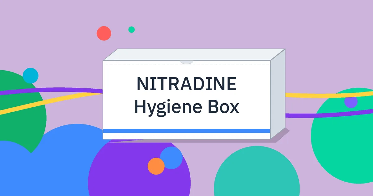 Symbolbild: Packung mit der Aufschrift NITRADINE Hygiene Box (PZN 09739089) – Verfügbarkeit und Bezug in Apotheken in Frankfurt am Main