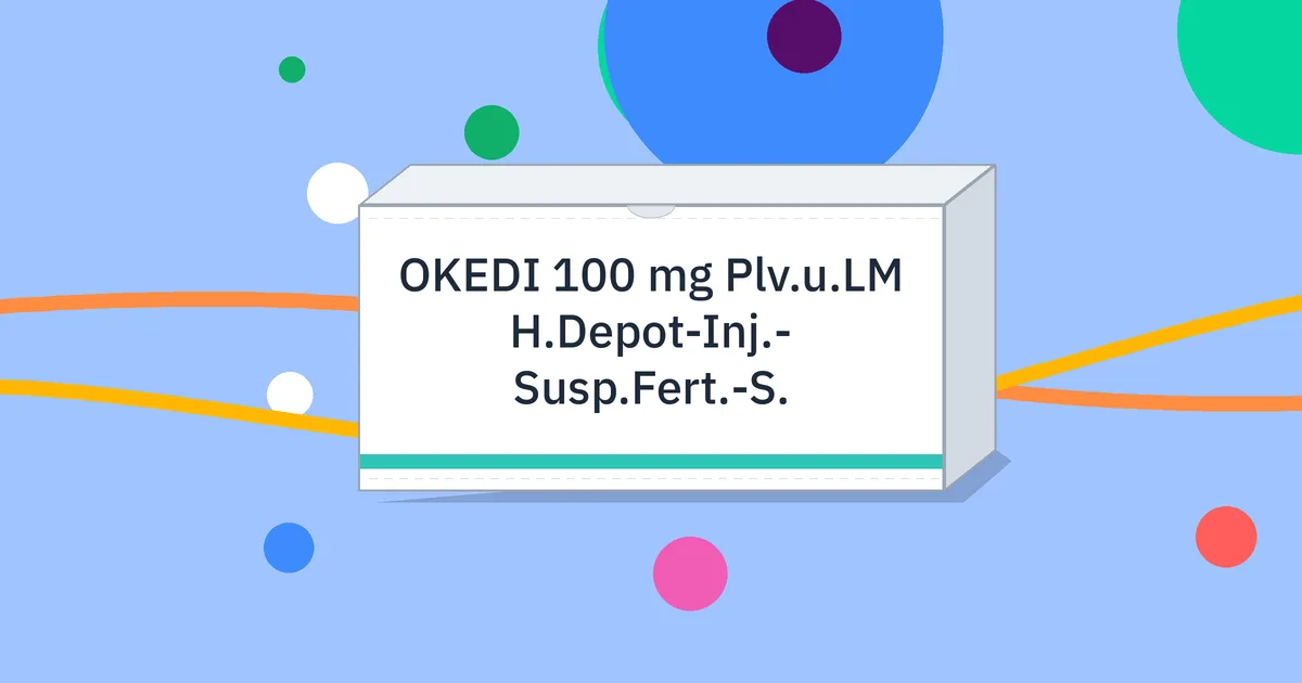Symbolbild: Packung mit der Aufschrift OKEDI 100 mg Plv.u.LM H.Depot-Inj.-Susp.Fert.-S. (PZN 18863078) – Verfügbarkeit und Bezug in Apotheken in Frankfurt am Main