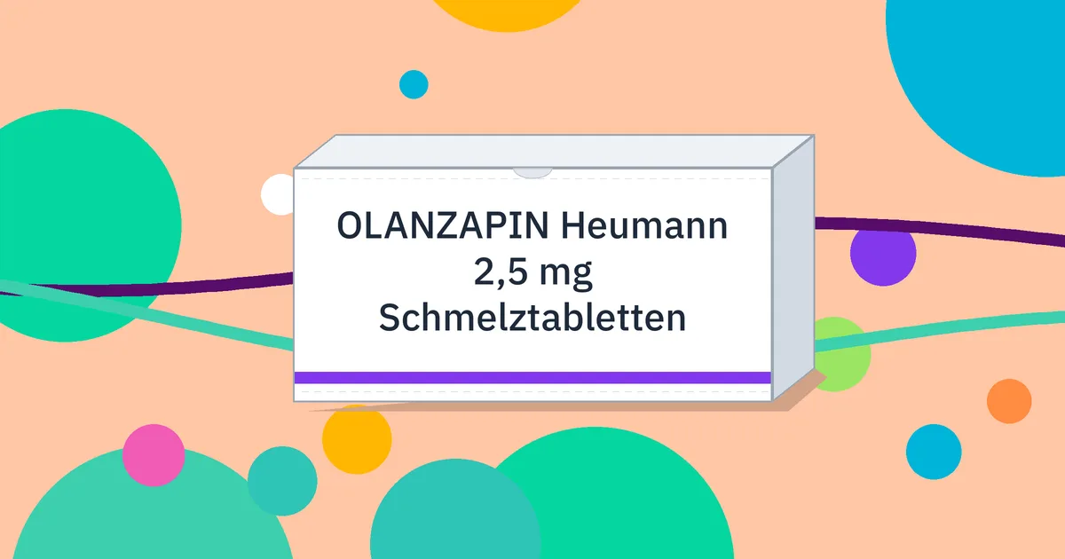 Symbolbild: Packung mit der Aufschrift OLANZAPIN Heumann 2,5 mg Schmelztabletten (PZN 08850407) – Verfügbarkeit und Bezug in Apotheken in Frankfurt am Main