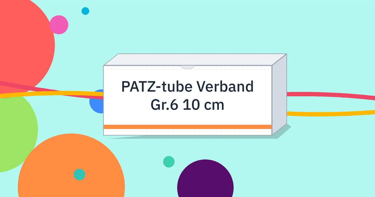 Symbolbild: Packung mit der Aufschrift PATZ-tube Verband Gr.6 10 cm (PZN 06815128) – Verfügbarkeit und Bezug in Apotheken in Frankfurt am Main