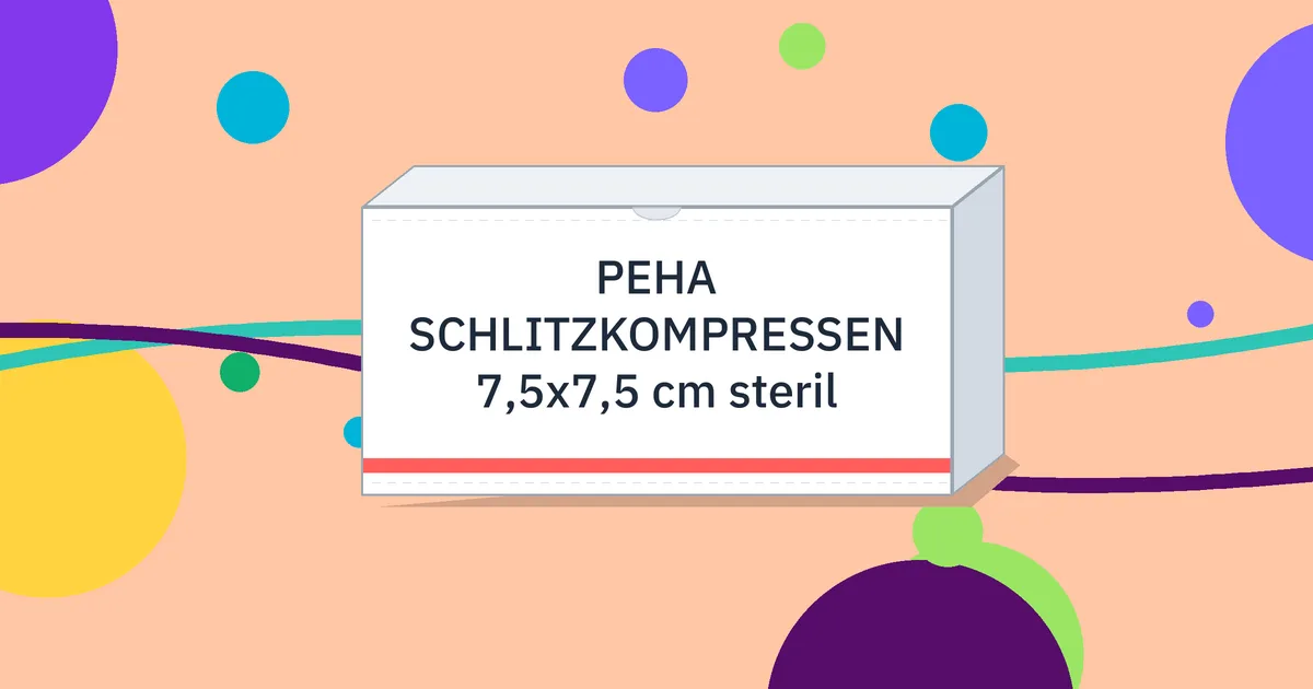 Symbolbild: Packung mit der Aufschrift PEHA SCHLITZKOMPRESSEN 7,5x7,5 cm steril (PZN 18010364) – Verfügbarkeit und Bezug in Apotheken in Frankfurt am Main
