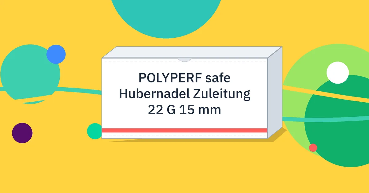 Symbolbild: Packung mit der Aufschrift POLYPERF safe Hubernadel Zuleitung 22 G 15 mm (PZN 12426193) – Verfügbarkeit und Bezug in Apotheken in Frankfurt am Main