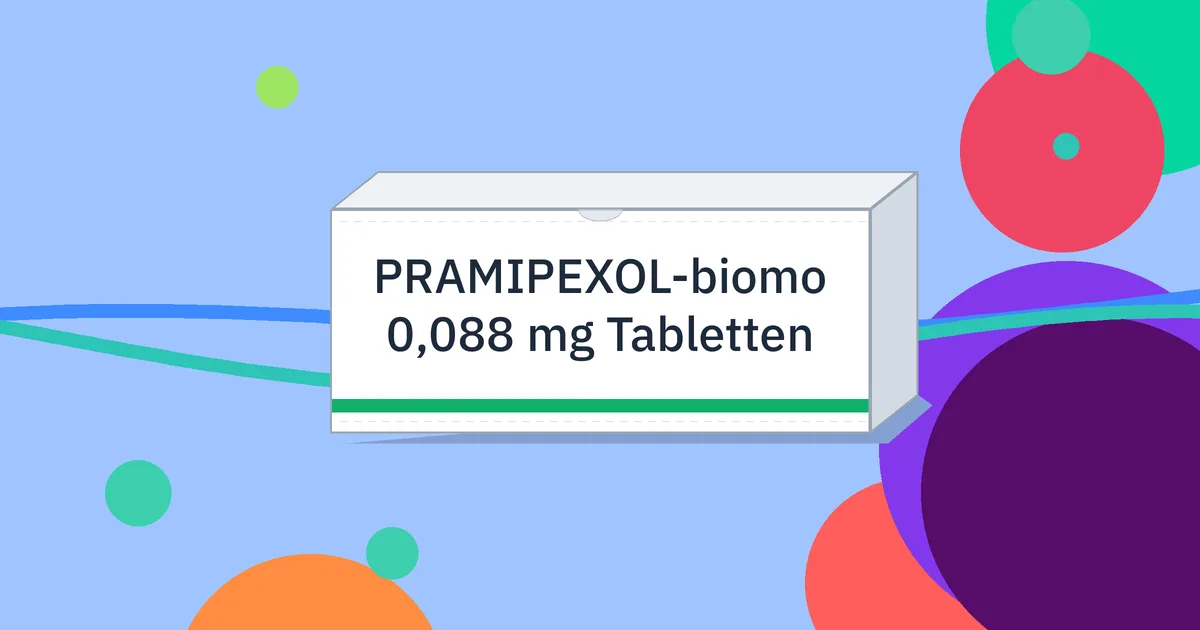 Symbolbild: Packung mit der Aufschrift PRAMIPEXOL-biomo 0,088 mg Tabletten (PZN 07519314) – Verfügbarkeit und Bezug in Apotheken in Frankfurt am Main