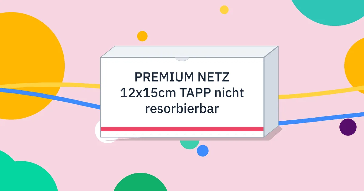 Symbolbild: Packung mit der Aufschrift PREMIUM NETZ 12x15cm TAPP nicht resorbierbar (PZN 19505056) – Verfügbarkeit und Bezug in Apotheken in Frankfurt am Main