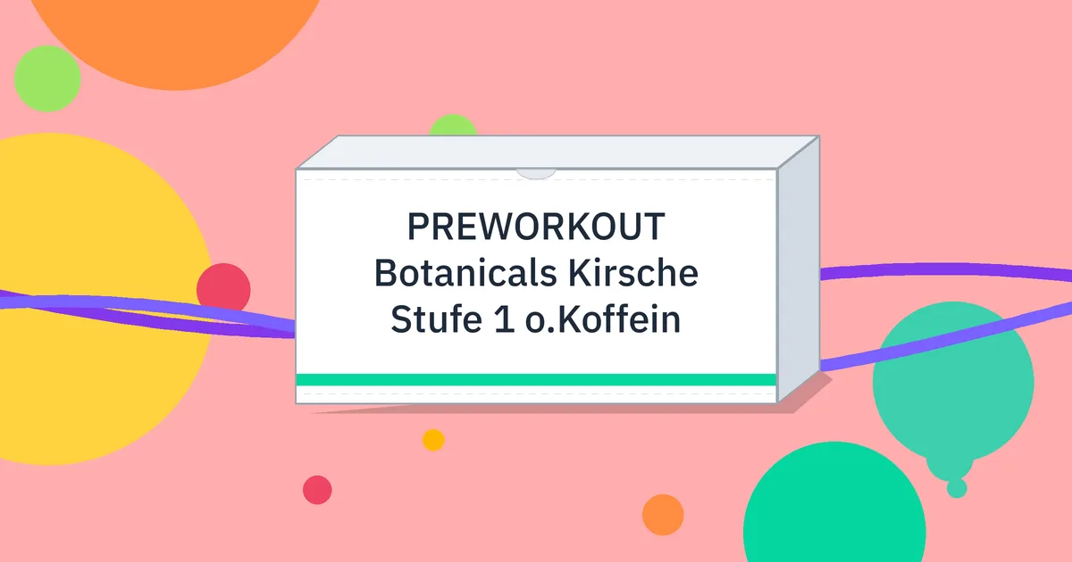 Symbolbild: Packung mit der Aufschrift PREWORKOUT Botanicals Kirsche Stufe 1 o.Koffein (PZN 18813790) – Verfügbarkeit und Bezug in Apotheken in Frankfurt am Main