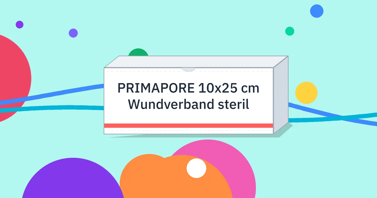 Symbolbild: Packung mit der Aufschrift PRIMAPORE 10x25 cm Wundverband steril (PZN 07738884) – Verfügbarkeit und Bezug in Apotheken in Frankfurt am Main