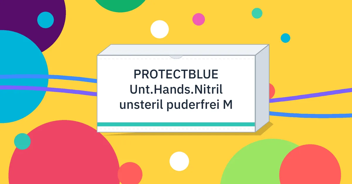 Symbolbild: Packung mit der Aufschrift PROTECTBLUE Unt.Hands.Nitril unsteril puderfrei M (PZN 19108579) – Verfügbarkeit und Bezug in Apotheken in Frankfurt am Main