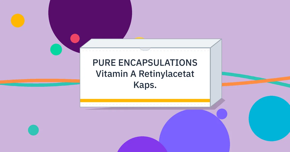 Symbolbild: Packung mit der Aufschrift PURE ENCAPSULATIONS Vitamin A Retinylacetat Kaps. (PZN 10983191) – Verfügbarkeit und Bezug in Apotheken in Frankfurt am Main