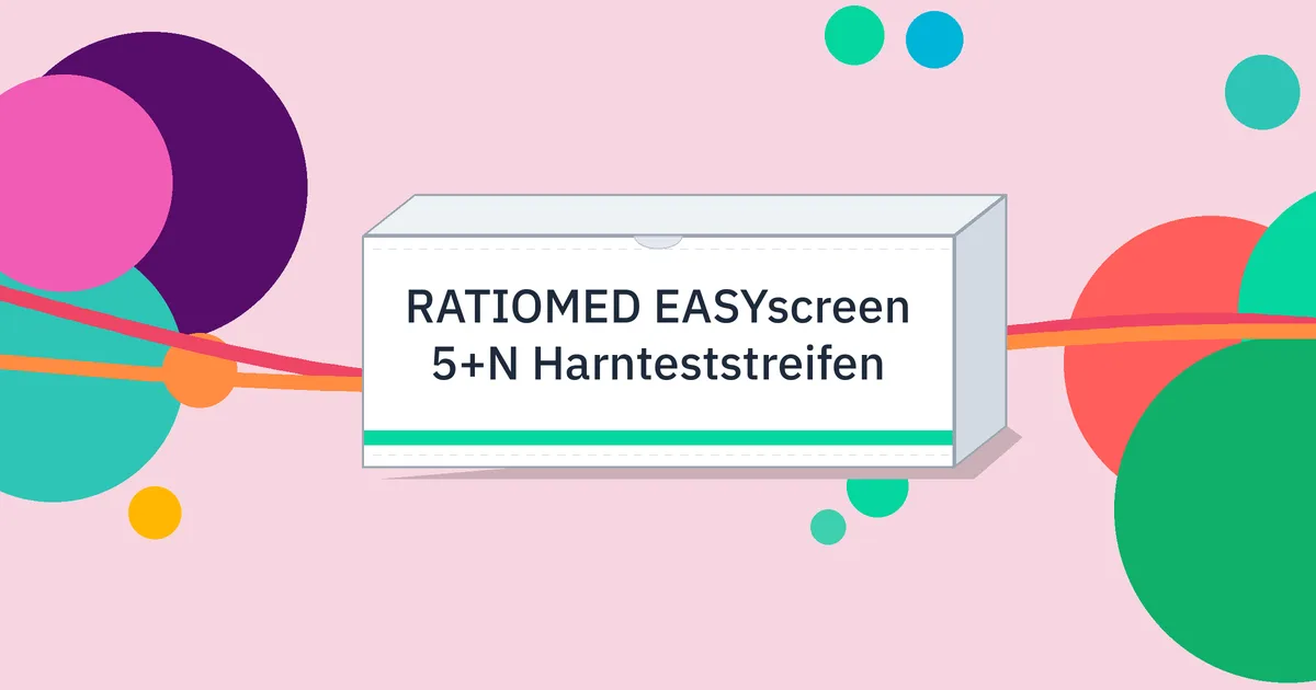 Symbolbild: Packung mit der Aufschrift RATIOMED EASYscreen 5+N Harnteststreifen (PZN 14233972) – Verfügbarkeit und Bezug in Apotheken in Frankfurt am Main