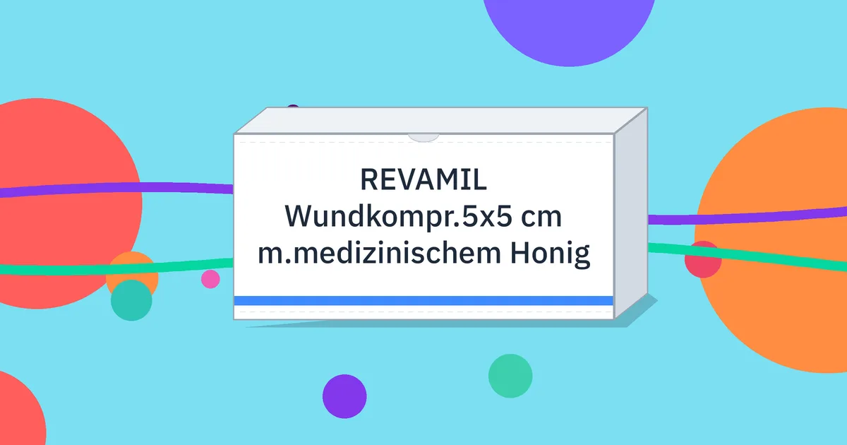 Symbolbild: Packung mit der Aufschrift REVAMIL Wundkompr.5x5 cm m.medizinischem Honig (PZN 08403588) – Verfügbarkeit und Bezug in Apotheken in Frankfurt am Main