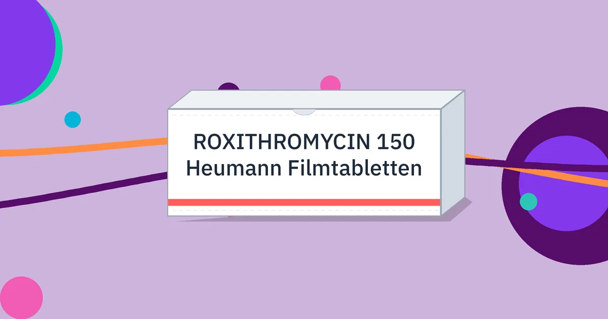 Symbolbild: Packung mit der Aufschrift ROXITHROMYCIN 150 Heumann Filmtabletten (PZN 12350343) – Verfügbarkeit und Bezug in Apotheken in Frankfurt am Main