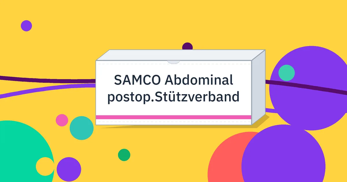 Symbolbild: Packung mit der Aufschrift SAMCO Abdominal postop.Stützverband (PZN 09888429) – Verfügbarkeit und Bezug in Apotheken in Frankfurt am Main