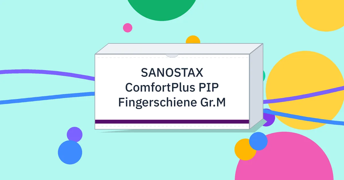 Symbolbild: Packung mit der Aufschrift SANOSTAX ComfortPlus PIP Fingerschiene Gr.M (PZN 13159386) – Verfügbarkeit und Bezug in Apotheken in Frankfurt am Main