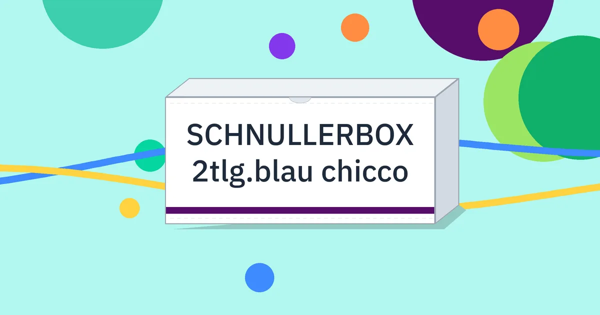 Symbolbild: Packung mit der Aufschrift SCHNULLERBOX 2tlg.blau chicco (PZN 15657705) – Verfügbarkeit und Bezug in Apotheken in Frankfurt am Main