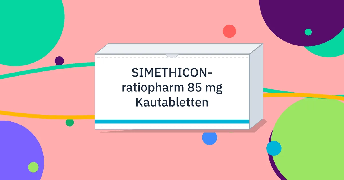 Symbolbild: Packung mit der Aufschrift SIMETHICON-ratiopharm 85 mg Kautabletten (PZN 01364804) – Verfügbarkeit und Bezug in Apotheken in Frankfurt am Main