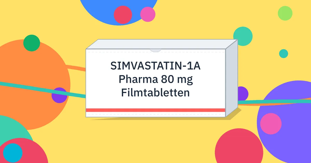 Symbolbild: Packung mit der Aufschrift SIMVASTATIN-1A Pharma 80 mg Filmtabletten (PZN 02918280) – Verfügbarkeit und Bezug in Apotheken in Frankfurt am Main