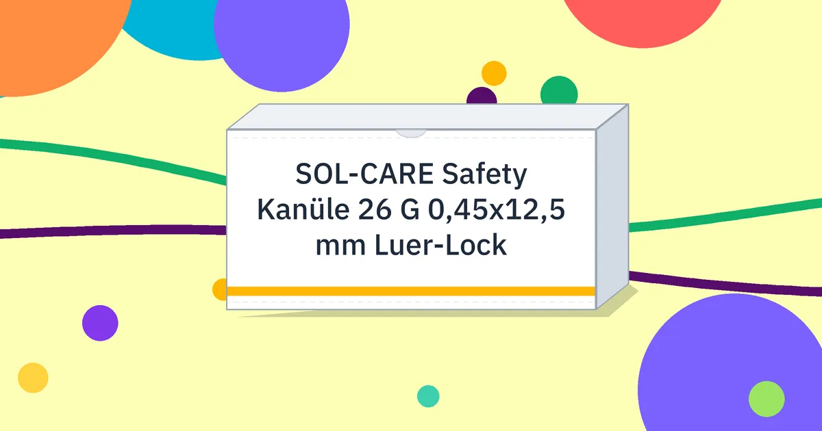 Symbolbild: Packung mit der Aufschrift SOL-CARE Safety Kanüle 26 G 0,45x12,5 mm Luer-Lock (PZN 19909061) – Verfügbarkeit und Bezug in Apotheken in Frankfurt am Main