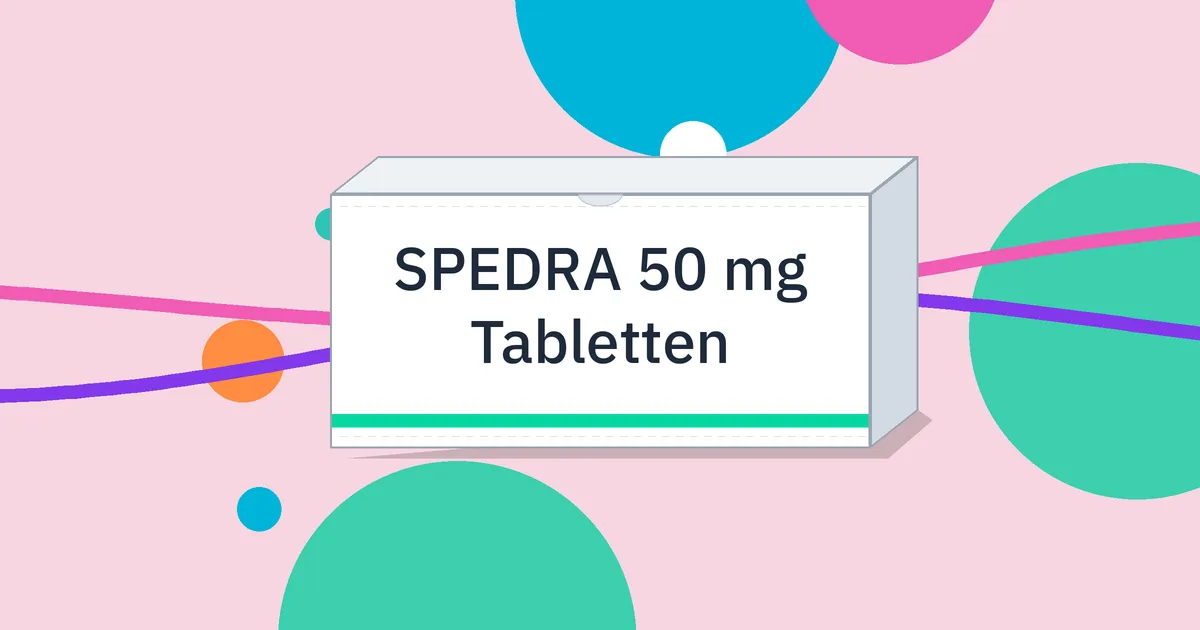 Symbolbild: Packung mit der Aufschrift SPEDRA 50 mg Tabletten (PZN 10130525) – Verfügbarkeit und Bezug in Apotheken in Frankfurt am Main