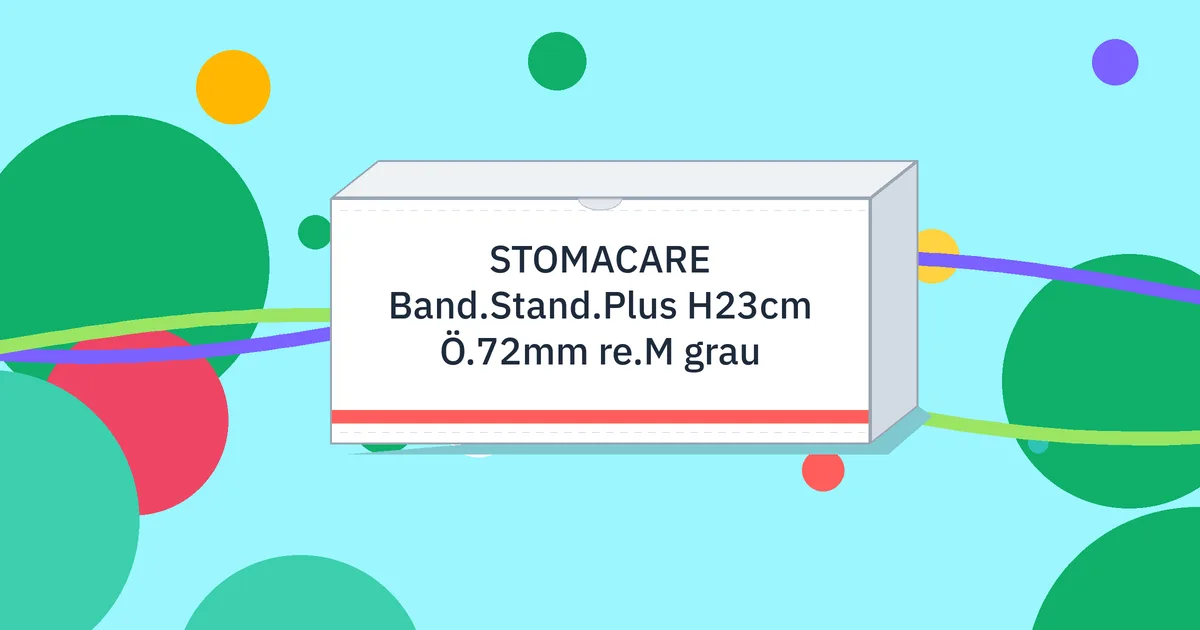 Symbolbild: Packung mit der Aufschrift STOMACARE Band.Stand.Plus H23cm Ö.72mm re.M grau (PZN 16751062) – Verfügbarkeit und Bezug in Apotheken in Frankfurt am Main
