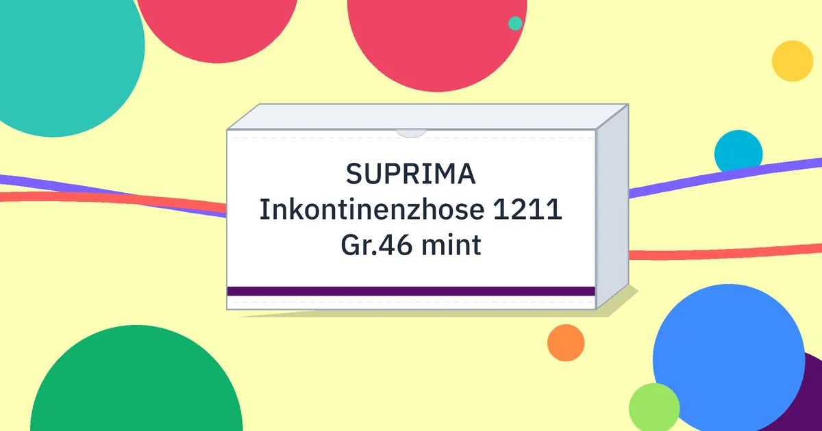 Symbolbild: Packung mit der Aufschrift SUPRIMA Inkontinenzhose 1211 Gr.46 mint (PZN 07632944) – Verfügbarkeit und Bezug in Apotheken in Frankfurt am Main