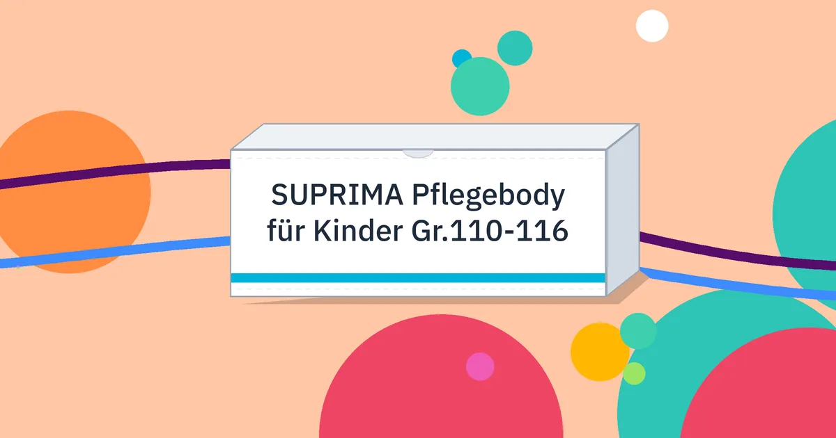Symbolbild: Packung mit der Aufschrift SUPRIMA Pflegebody für Kinder Gr.110-116 (PZN 07594066) – Verfügbarkeit und Bezug in Apotheken in Frankfurt am Main