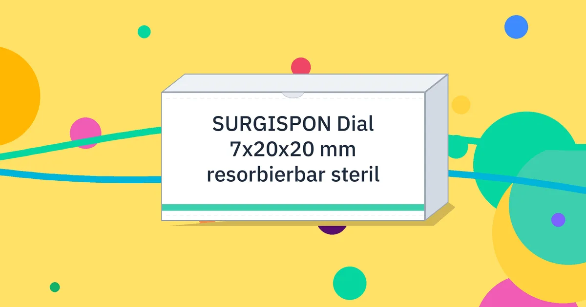 Symbolbild: Packung mit der Aufschrift SURGISPON Dial 7x20x20 mm resorbierbar steril (PZN 18741228) – Verfügbarkeit und Bezug in Apotheken in Frankfurt am Main