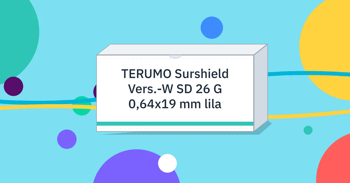 Symbolbild: Packung mit der Aufschrift TERUMO Surshield Vers.-W SD 26 G 0,64x19 mm lila (PZN 17630679) – Verfügbarkeit und Bezug in Apotheken in Frankfurt am Main