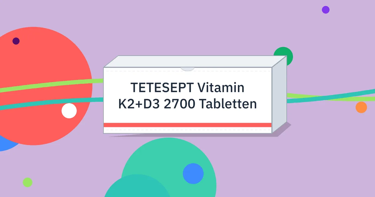 Symbolbild: Packung mit der Aufschrift TETESEPT Vitamin K2+D3 2700 Tabletten (PZN 19205963) – Verfügbarkeit und Bezug in Apotheken in Frankfurt am Main