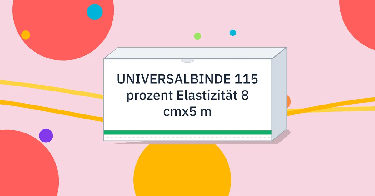 Symbolbild: Packung mit der Aufschrift UNIVERSALBINDE 115 prozent Elastizität 8 cmx5 m (PZN 08443257) – Verfügbarkeit und Bezug in Apotheken in Frankfurt am Main