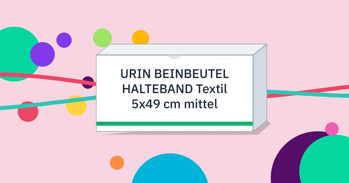 Symbolbild: Packung mit der Aufschrift URIN BEINBEUTEL HALTEBAND Textil 5x49 cm mittel (PZN 07251018) – Verfügbarkeit und Bezug in Apotheken in Frankfurt am Main