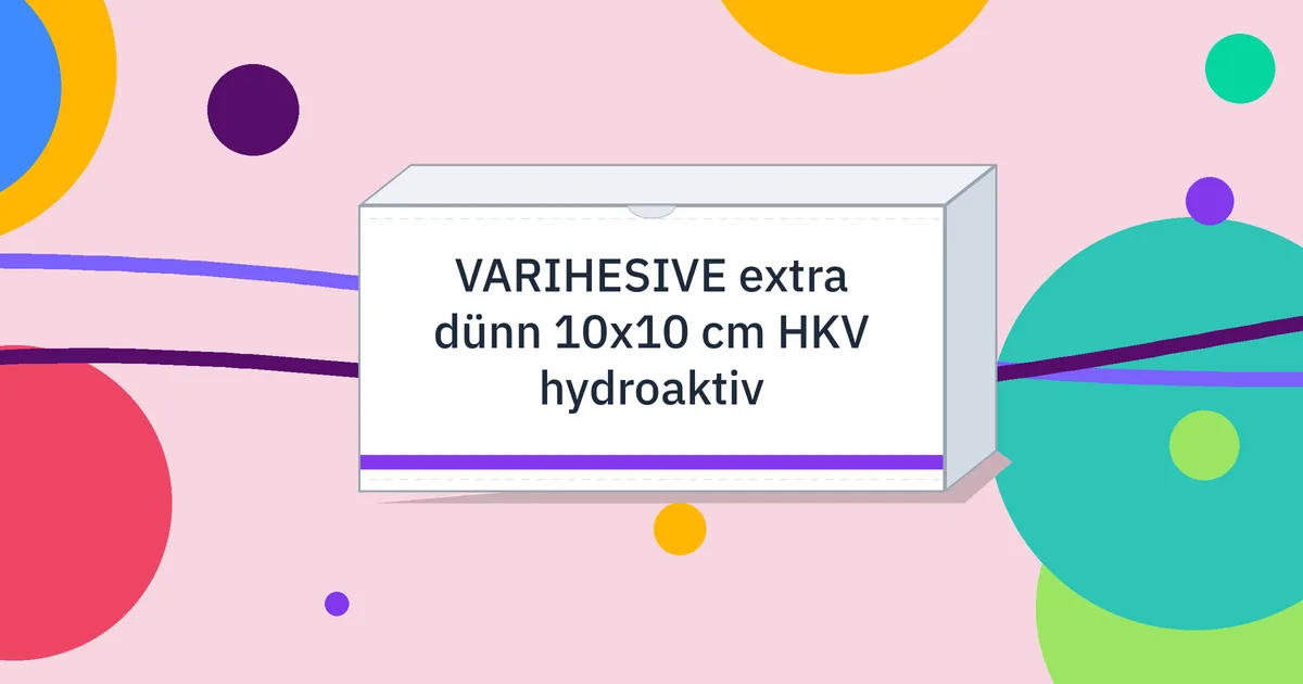 Symbolbild: Packung mit der Aufschrift VARIHESIVE extra dünn 10x10 cm HKV hydroaktiv (PZN 17604647) – Verfügbarkeit und Bezug in Apotheken in Frankfurt am Main
