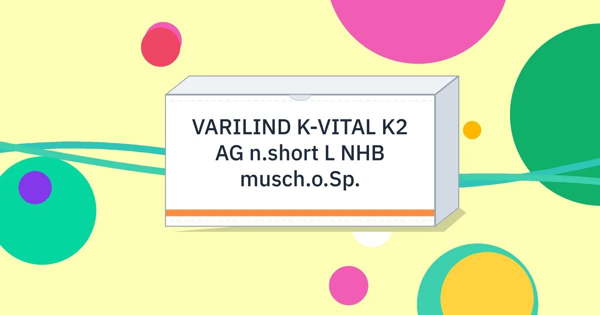 Symbolbild: Packung mit der Aufschrift VARILIND K-VITAL K2 AG n.short L NHB musch.o.Sp. (PZN 20565632) – Verfügbarkeit und Bezug in Apotheken in Frankfurt am Main