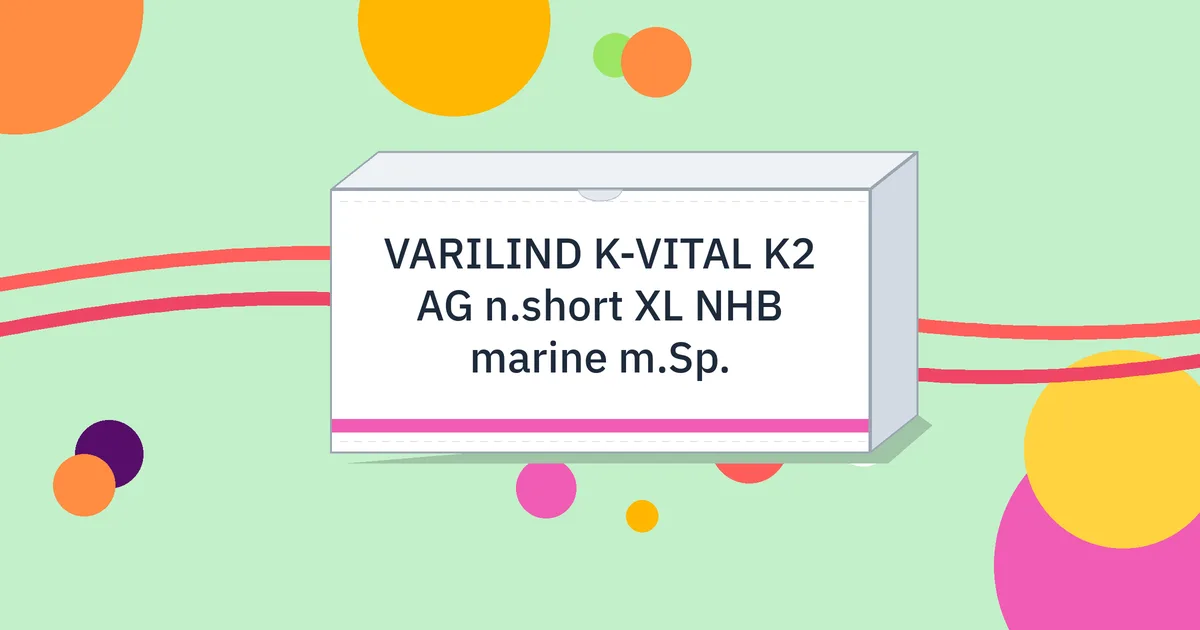 Symbolbild: Packung mit der Aufschrift VARILIND K-VITAL K2 AG n.short XL NHB marine m.Sp. (PZN 20564621) – Verfügbarkeit und Bezug in Apotheken in Frankfurt am Main