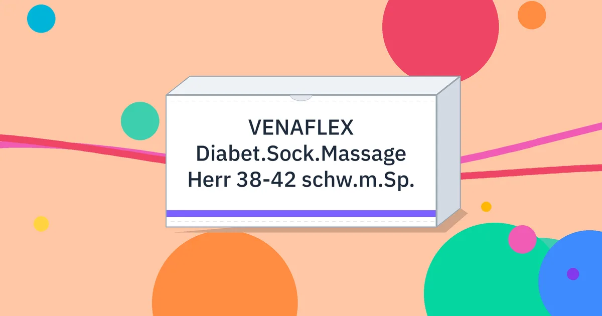 Symbolbild: Packung mit der Aufschrift VENAFLEX Diabet.Sock.Massage Herr 38-42 schw.m.Sp. (PZN 18309531) – Verfügbarkeit und Bezug in Apotheken in Frankfurt am Main