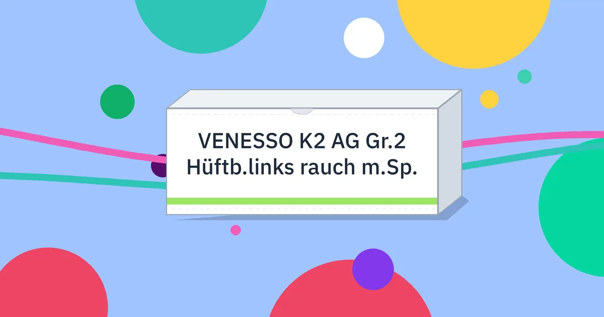 Symbolbild: Packung mit der Aufschrift VENESSO K2 AG Gr.2 Hüftb.links rauch m.Sp. (PZN 03266632) – Verfügbarkeit und Bezug in Apotheken in Frankfurt am Main