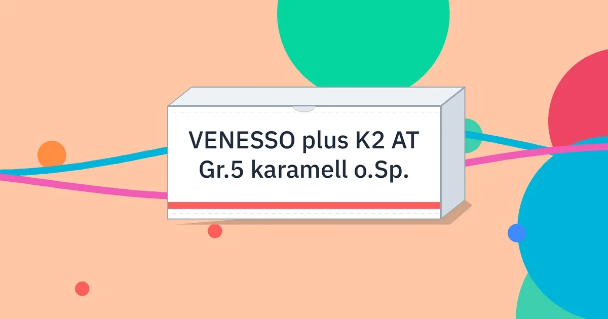 Symbolbild: Packung mit der Aufschrift VENESSO plus K2 AT Gr.5 karamell o.Sp. (PZN 13758678) – Verfügbarkeit und Bezug in Apotheken in Frankfurt am Main