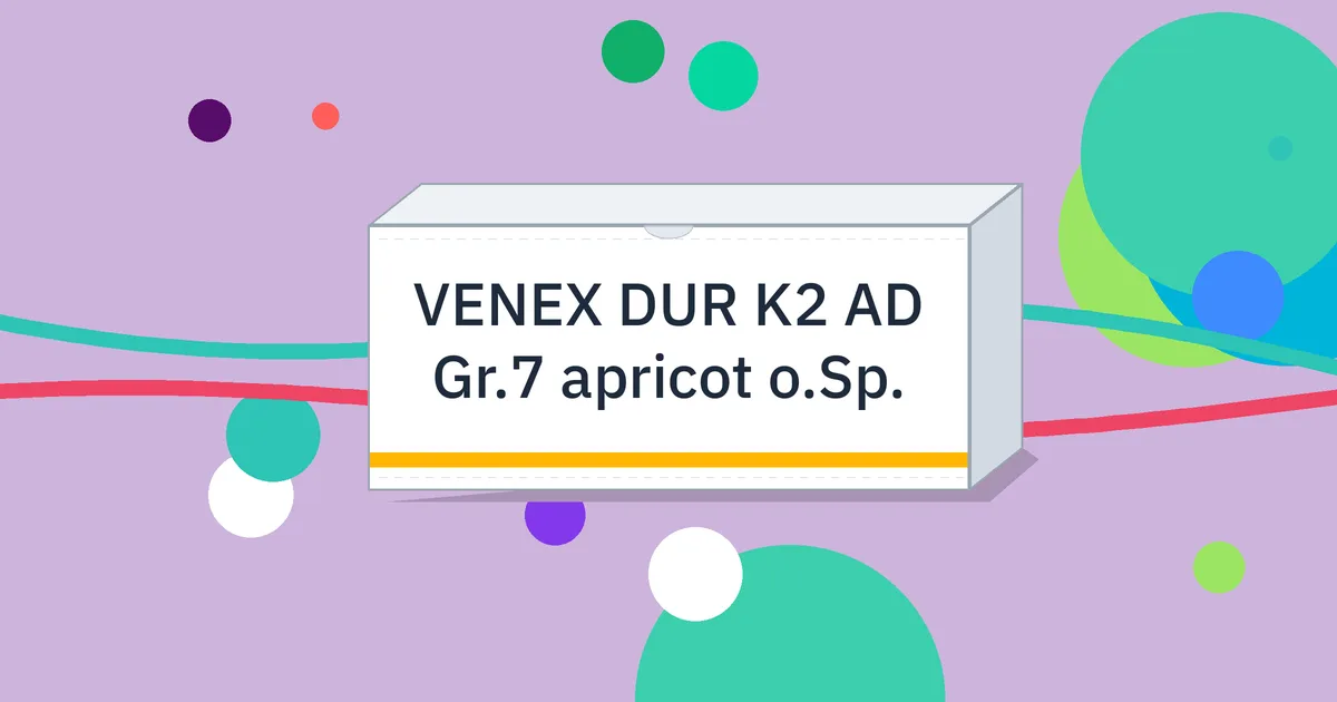 Symbolbild: Packung mit der Aufschrift VENEX DUR K2 AD Gr.7 apricot o.Sp. (PZN 03211507) – Verfügbarkeit und Bezug in Apotheken in Frankfurt am Main