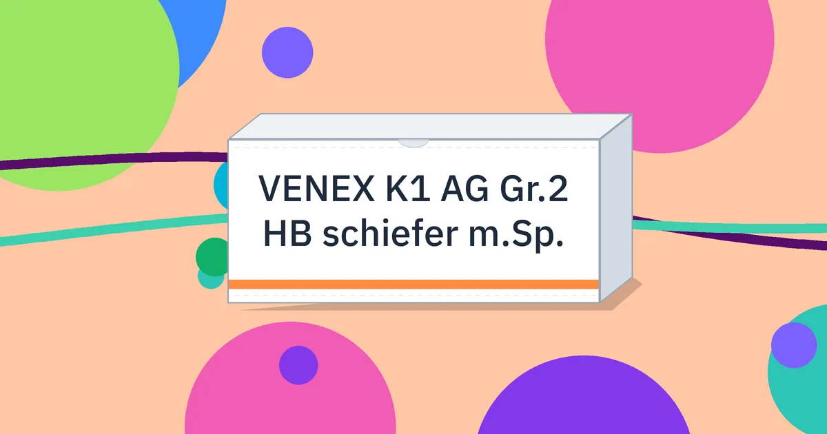 Symbolbild: Packung mit der Aufschrift VENEX K1 AG Gr.2 HB schiefer m.Sp. (PZN 03191756) – Verfügbarkeit und Bezug in Apotheken in Frankfurt am Main