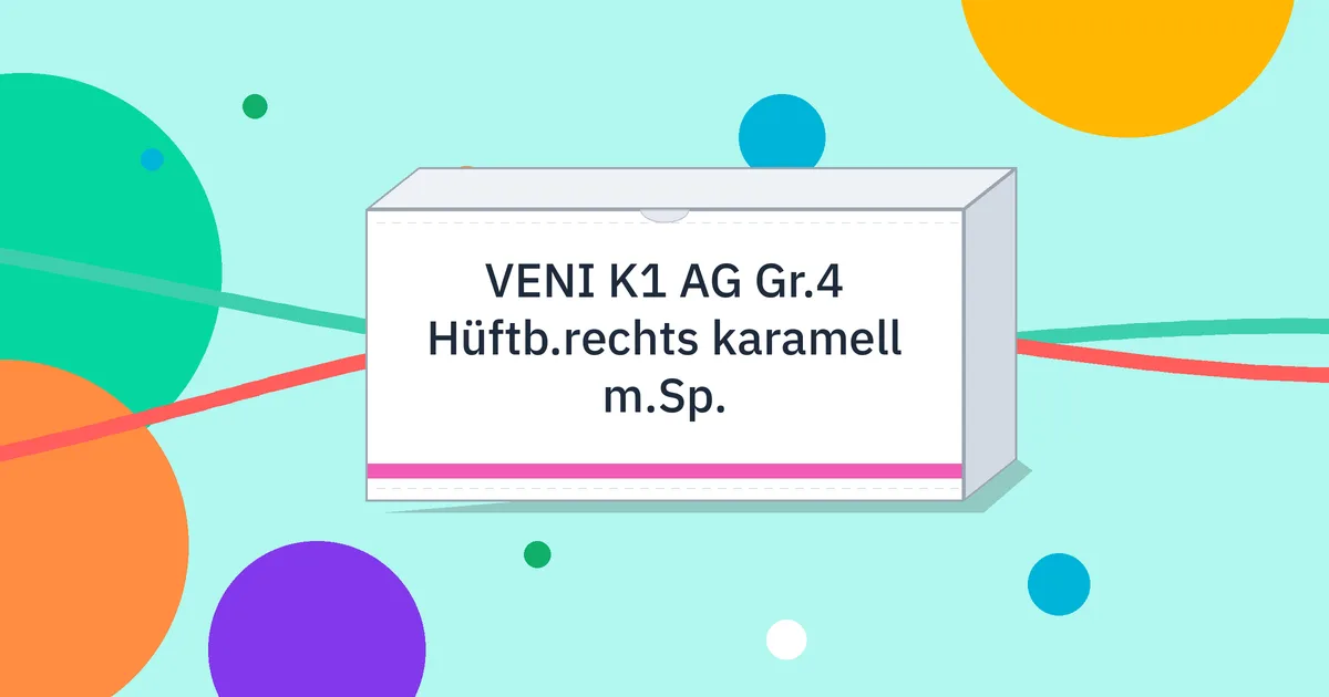 Symbolbild: Packung mit der Aufschrift VENI K1 AG Gr.4 Hüftb.rechts karamell m.Sp. (PZN 13760020) – Verfügbarkeit und Bezug in Apotheken in Frankfurt am Main
