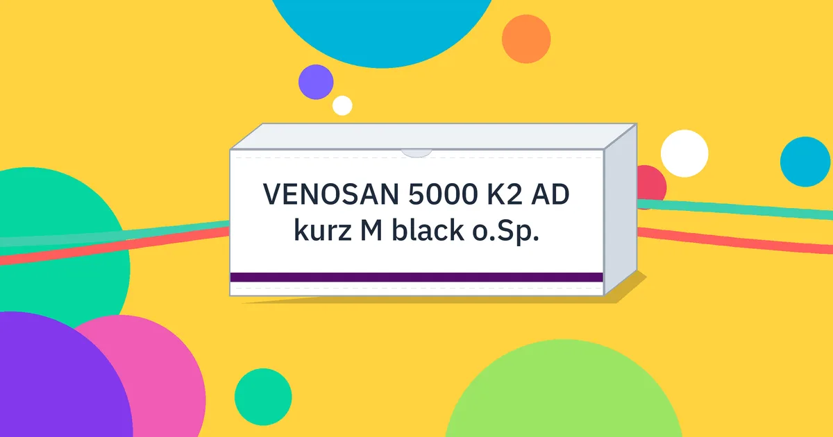 Symbolbild: Packung mit der Aufschrift VENOSAN 5000 K2 AD kurz M black o.Sp. (PZN 14433180) – Verfügbarkeit und Bezug in Apotheken in Frankfurt am Main