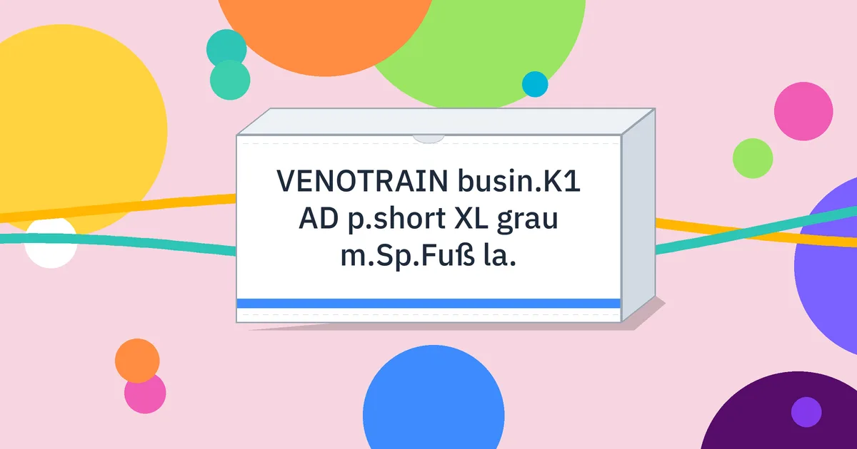 Symbolbild: Packung mit der Aufschrift VENOTRAIN busin.K1 AD p.short XL grau m.Sp.Fuß la. (PZN 19056492) – Verfügbarkeit und Bezug in Apotheken in Frankfurt am Main