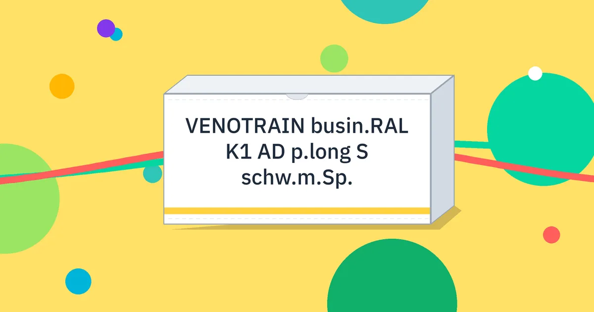 Symbolbild: Packung mit der Aufschrift VENOTRAIN busin.RAL K1 AD p.long S schw.m.Sp. (PZN 06948728) – Verfügbarkeit und Bezug in Apotheken in Frankfurt am Main