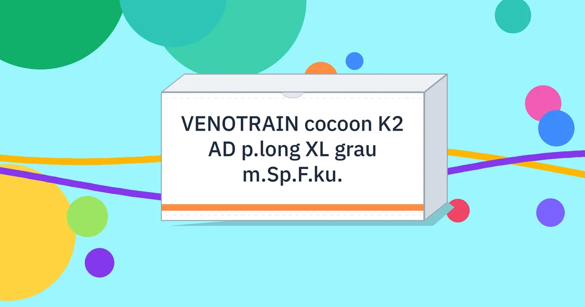 Symbolbild: Packung mit der Aufschrift VENOTRAIN cocoon K2 AD p.long XL grau m.Sp.F.ku. (PZN 19198677) – Verfügbarkeit und Bezug in Apotheken in Frankfurt am Main
