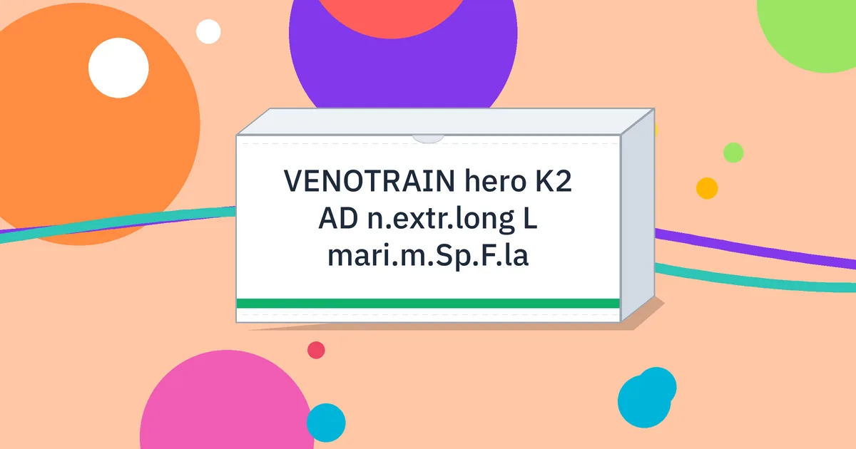 Symbolbild: Packung mit der Aufschrift VENOTRAIN hero K2 AD n.extr.long L mari.m.Sp.F.la (PZN 19189394) – Verfügbarkeit und Bezug in Apotheken in Frankfurt am Main