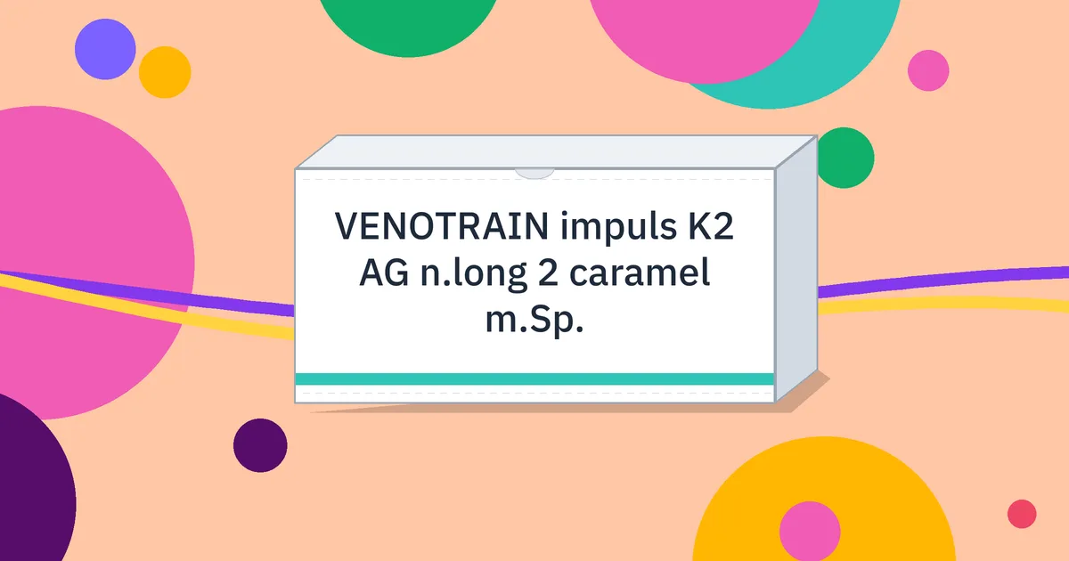 Symbolbild: Packung mit der Aufschrift VENOTRAIN impuls K2 AG n.long 2 caramel m.Sp. (PZN 00493439) – Verfügbarkeit und Bezug in Apotheken in Frankfurt am Main