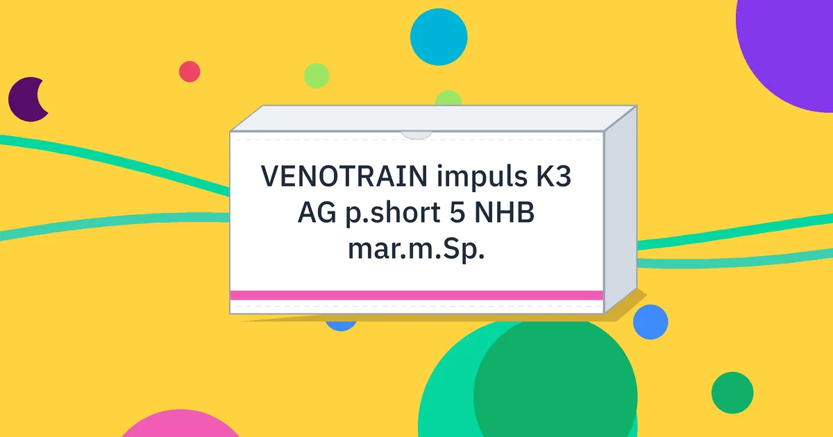 Symbolbild: Packung mit der Aufschrift VENOTRAIN impuls K3 AG p.short 5 NHB mar.m.Sp. (PZN 15215404) – Verfügbarkeit und Bezug in Apotheken in Frankfurt am Main