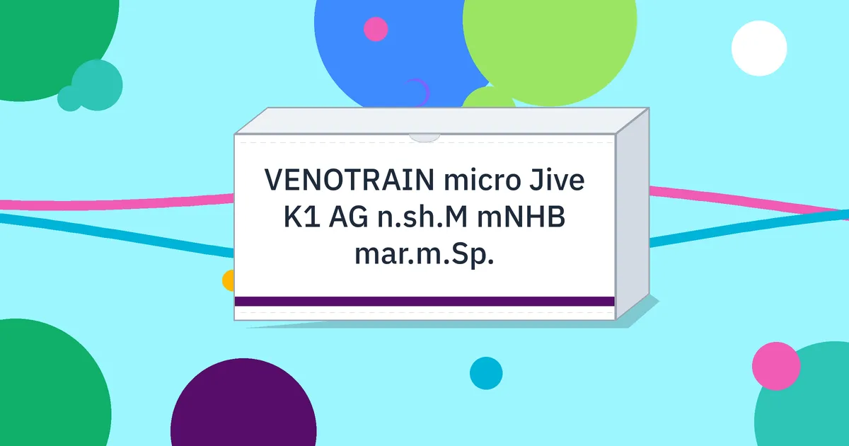 Symbolbild: Packung mit der Aufschrift VENOTRAIN micro Jive K1 AG n.sh.M mNHB mar.m.Sp. (PZN 17761743) – Verfügbarkeit und Bezug in Apotheken in Frankfurt am Main